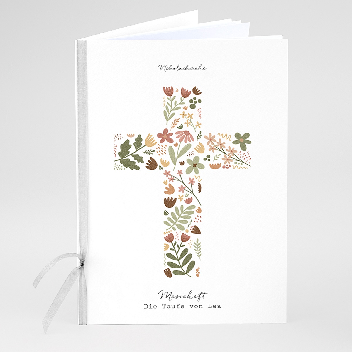 Kirchenhefte für die Taufe Blumenkreuz, Umschlag | Zufriedenheitsgarantie